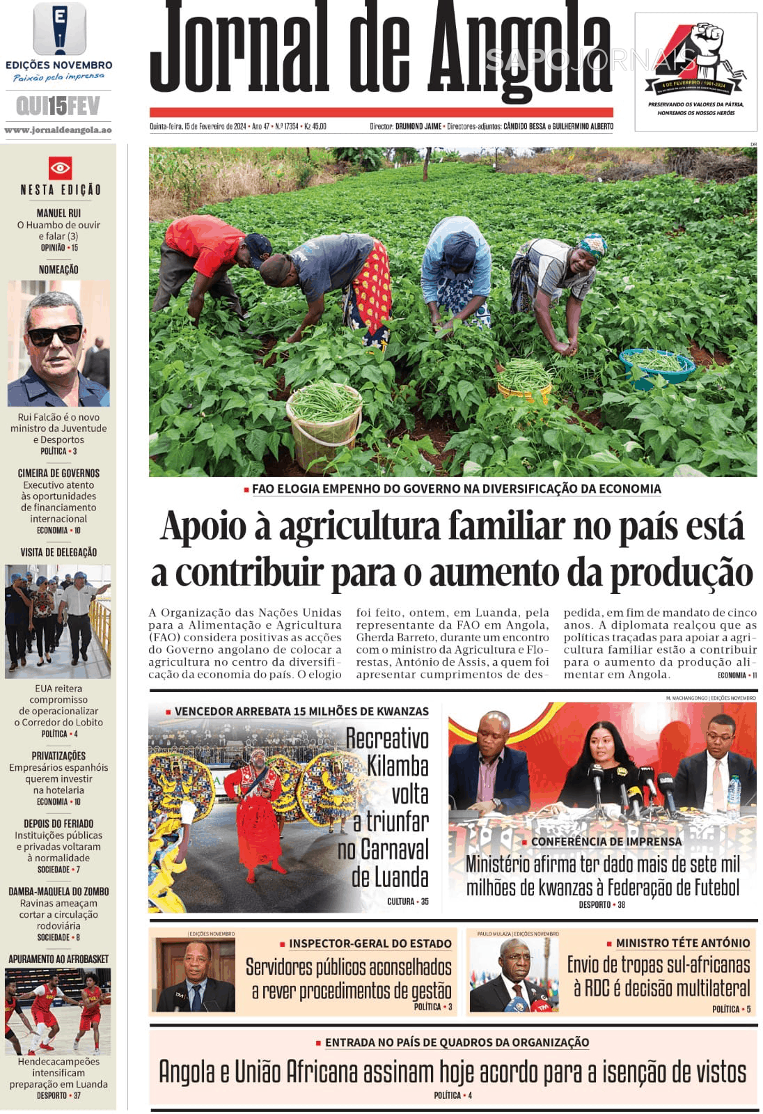 Jornal de Angola (15 fev 2024) - Jornais e Revistas - SAPO.pt - Última ...