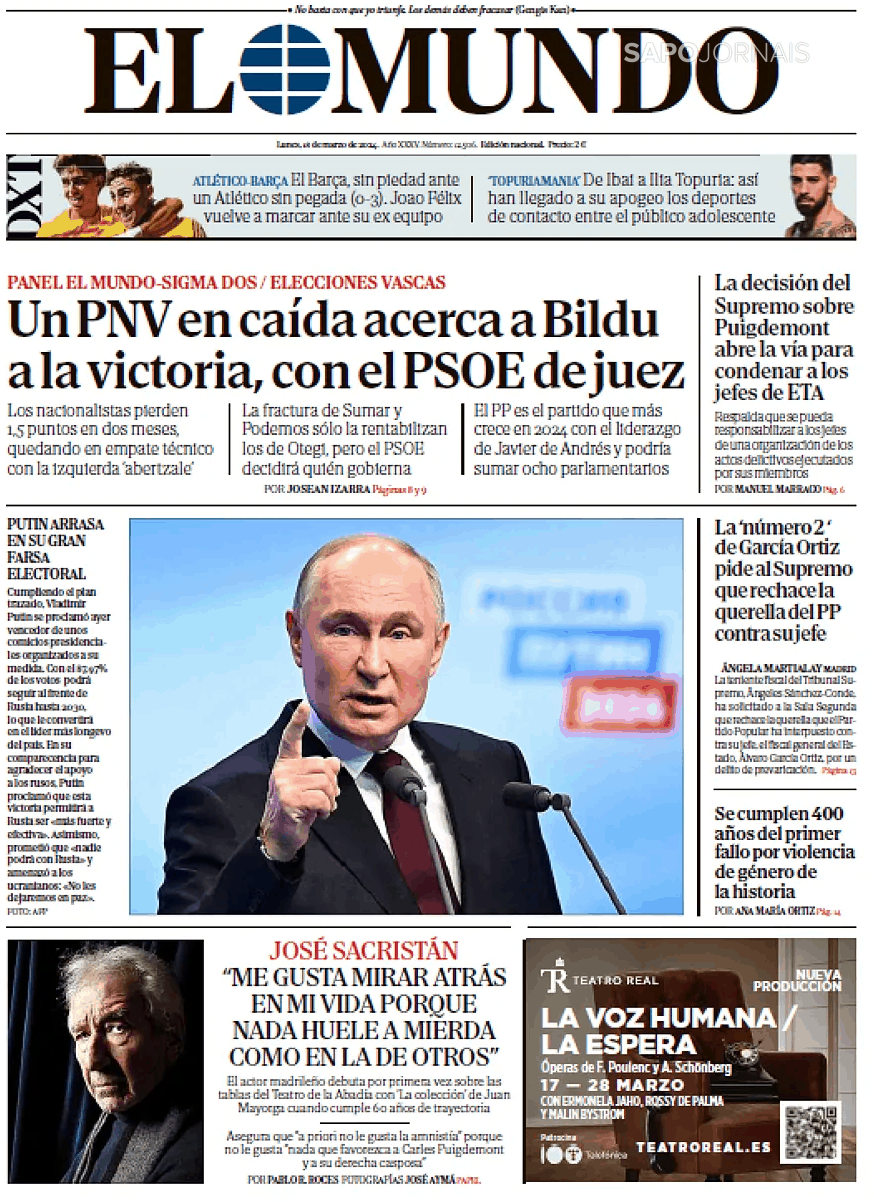 El Mundo (18 mar 2024) - Jornais e Revistas - SAPO.pt - Última hora e ...